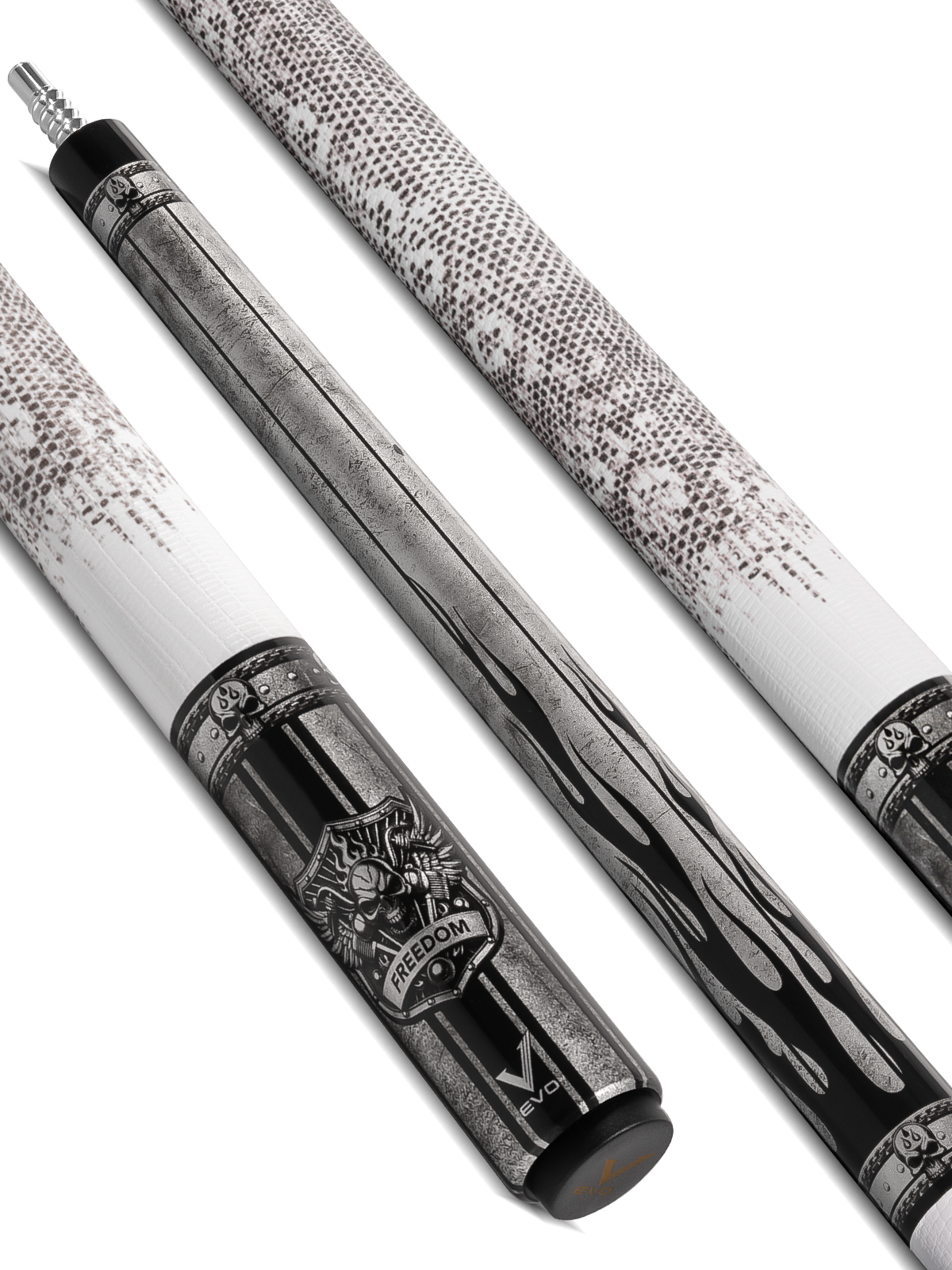 EVO FREEDOM POOL CUE - SHADOW FLAME - WHITE LEATHER WRAP – CUEBOTS